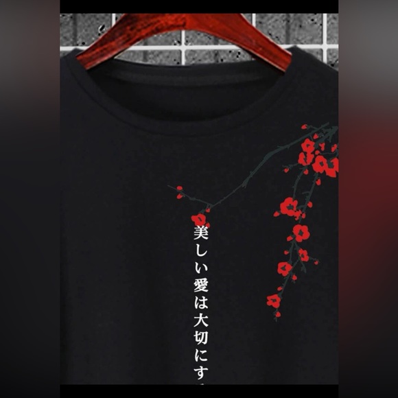 SHEIN | Shirts | Mens Japanese Tshirt Black And Red Sakura | Poshmark